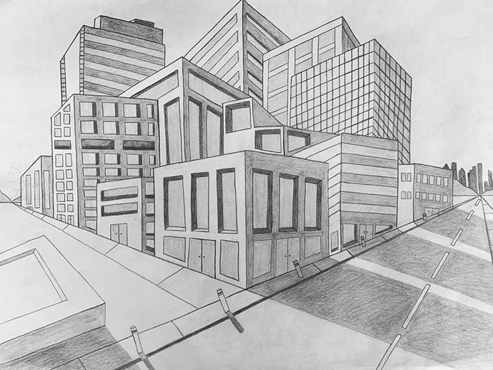 Modern City Drawing Town. City. Hand Drawing. Big Modern City.